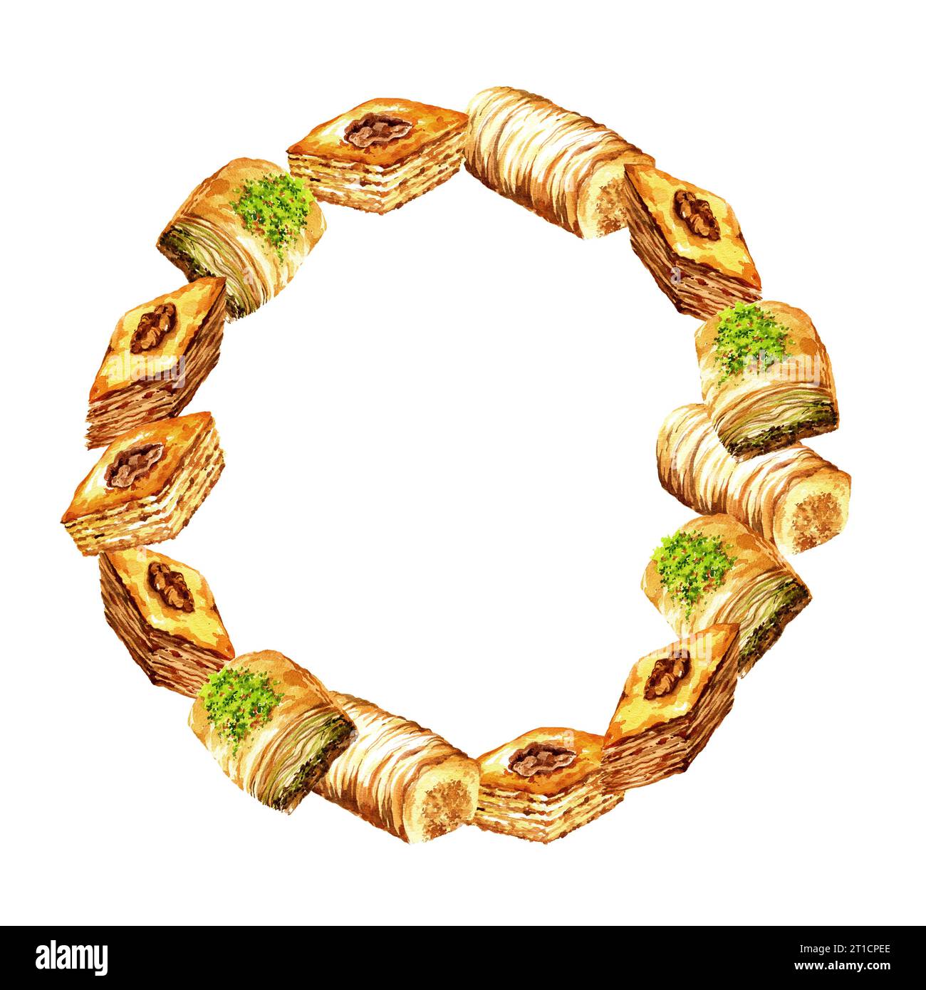 watercolor hand drawn wreath with oriental sweets, round frame ...