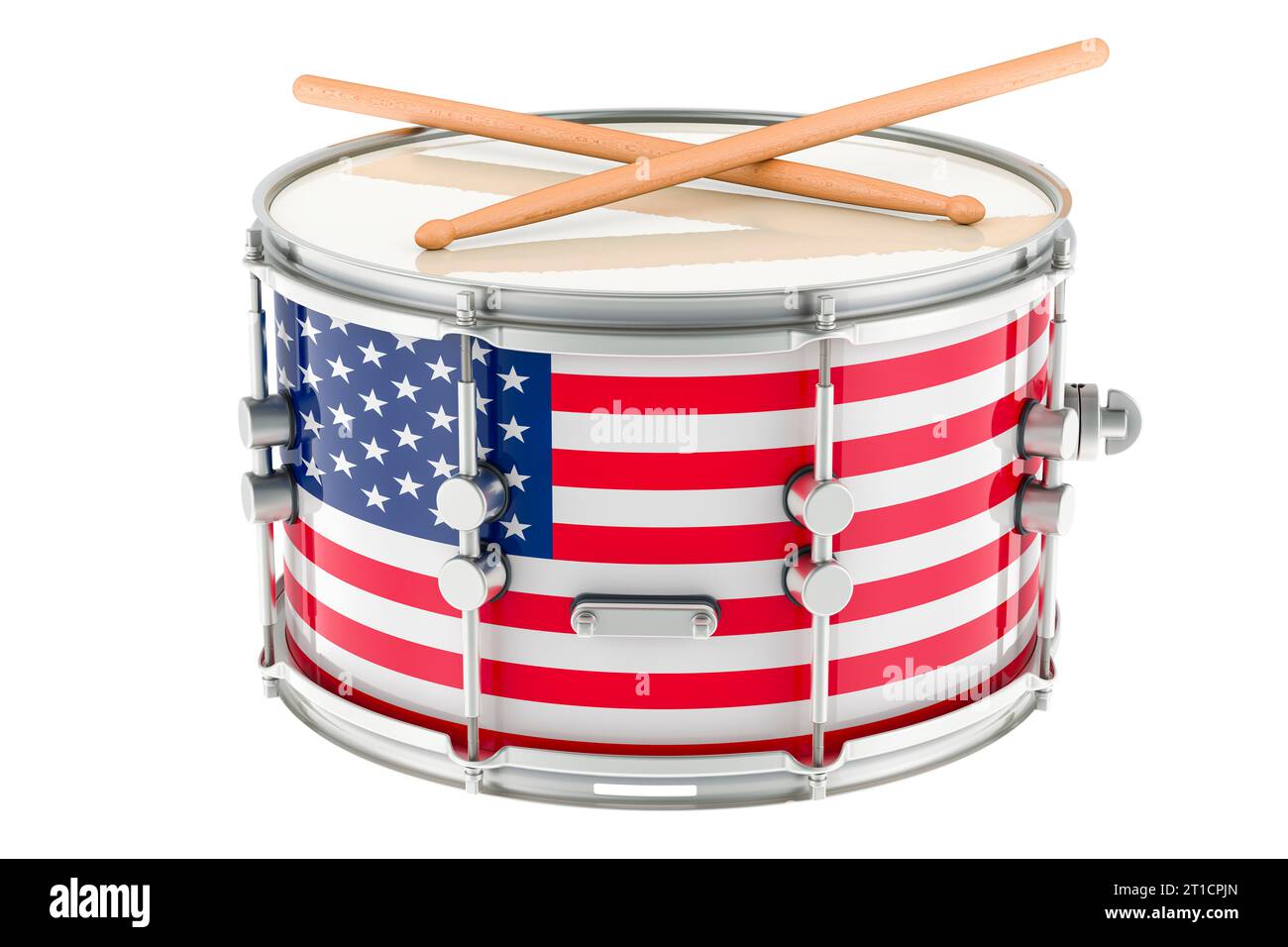 Marching drum with the USA flag, snare drum with drumsticks. 3D ...