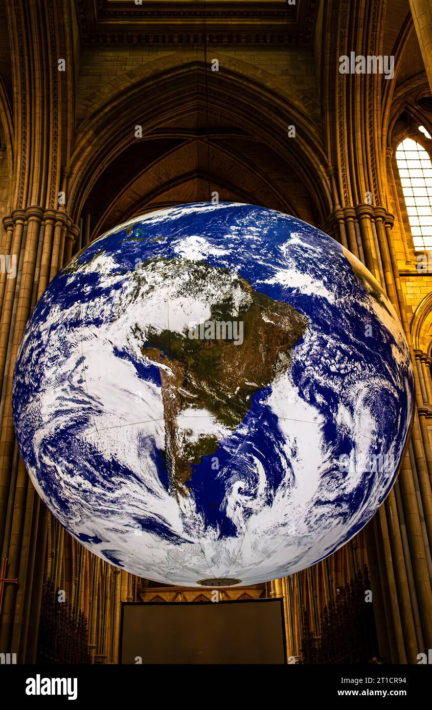 The touring artwork; Gaia by artist Luke Jerram inside Truro Cathedral ...