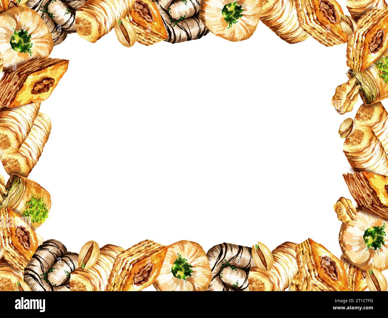 frame with watercolor oriental sweets, hand drawn illustration of ...