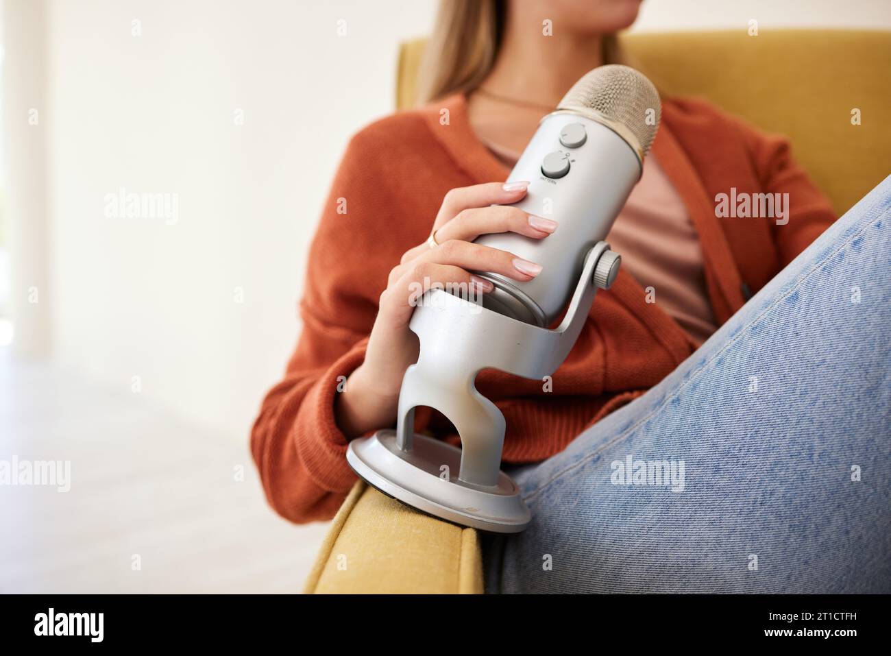 Microphone, hand and a person for a podcast, speaking or recording a ...