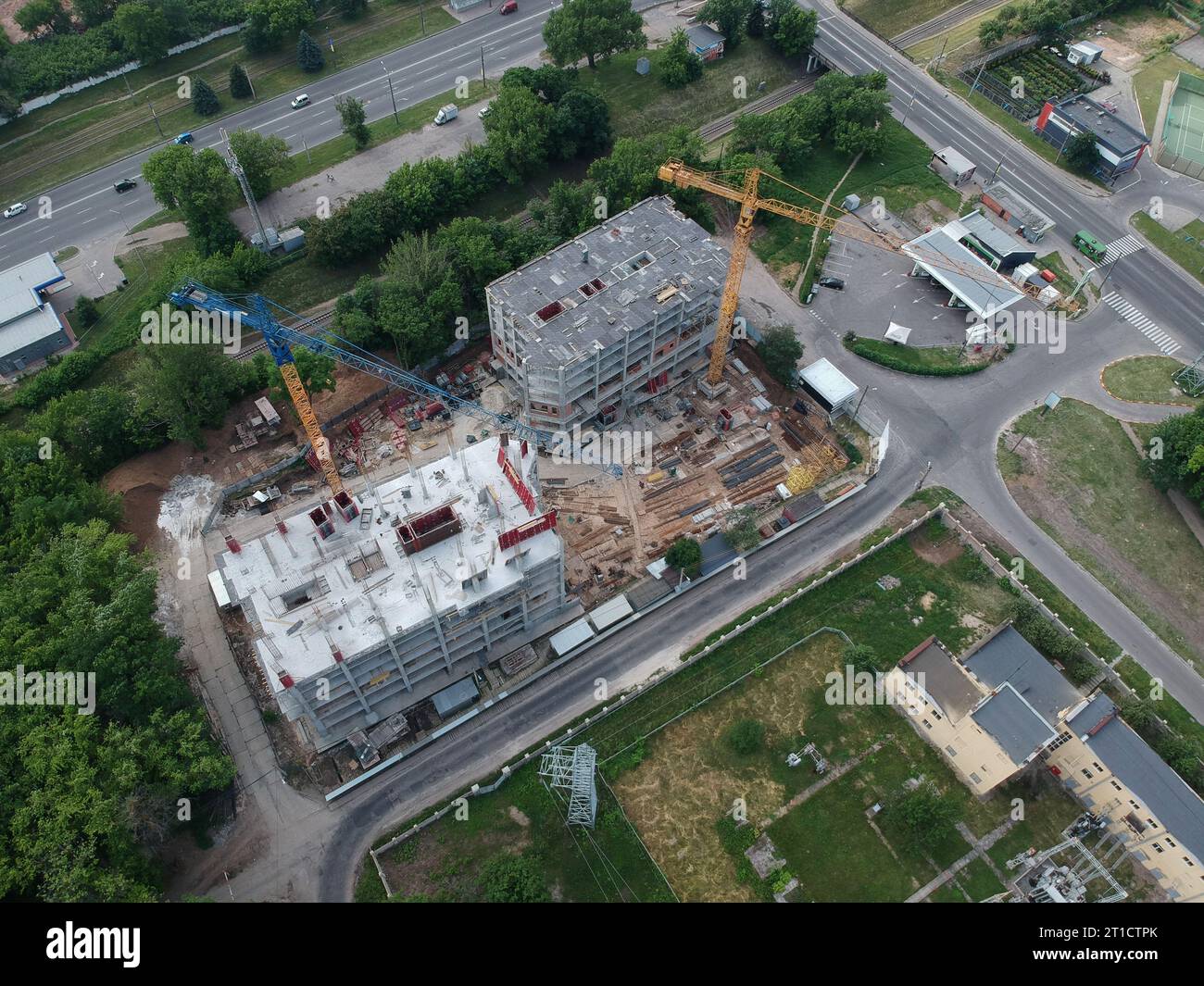 Aerial view of construction site with large crane at summer day Stock ...
