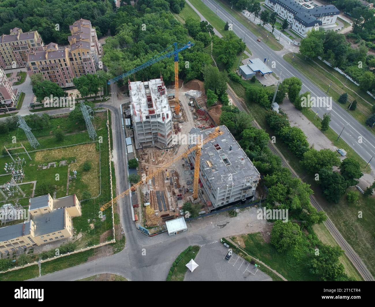 Aerial view of construction site with large crane at summer day Stock ...