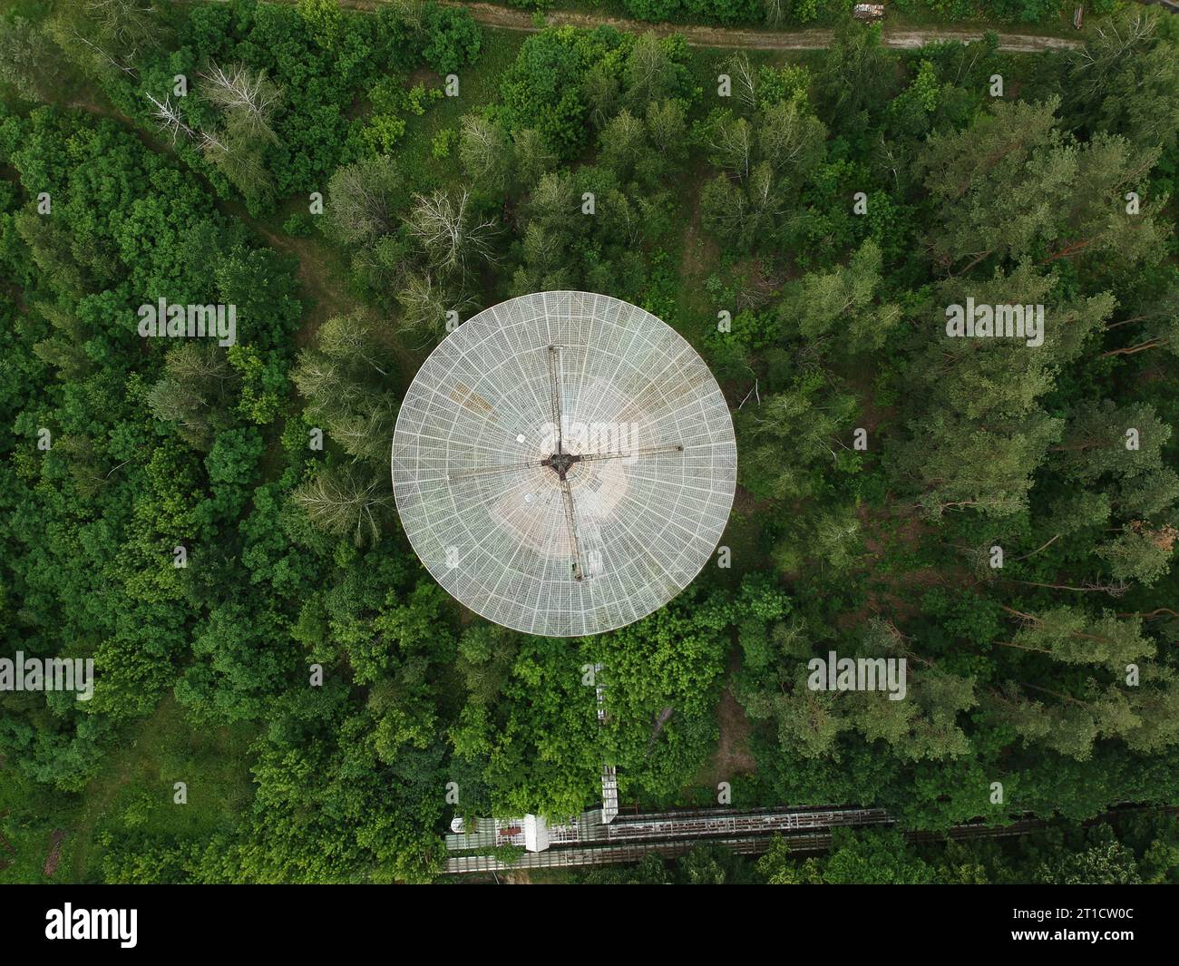 big radio telescope in the forest, aerial photo from the drone Stock ...