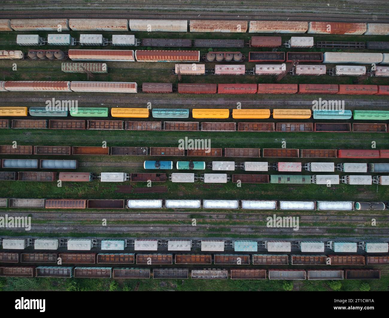 Aerial view of a cargo trains. Colorful freight trains on the railway ...