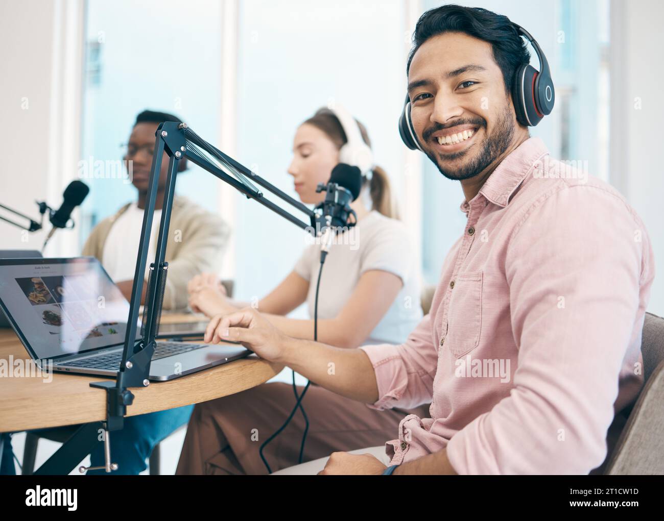 Man, microphone and radio, headphones and portrait, media or press with ...