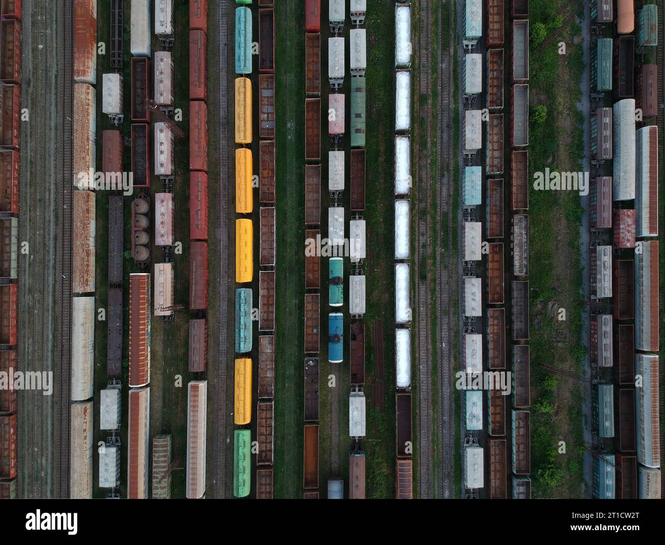 Aerial view of a cargo trains. Colorful freight trains on the railway ...