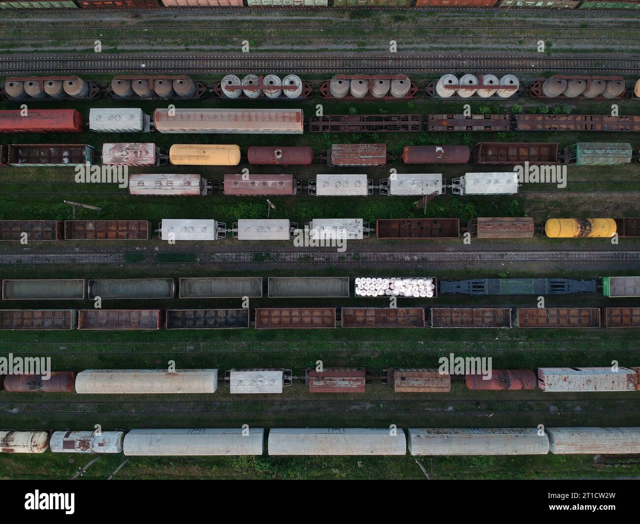 Aerial view of a cargo trains. Colorful freight trains on the railway ...