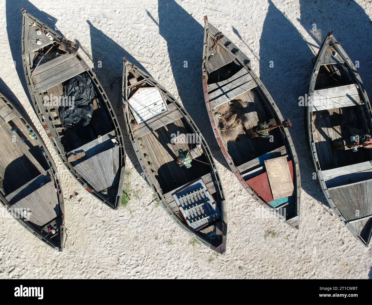 Aerial of a traditional fisher boats on a sand beach. Ukraine, Azov sea ...