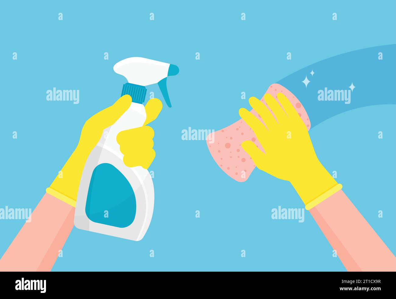Houseworker wipes the surface. Hands in yellow gloves clean with spray ...