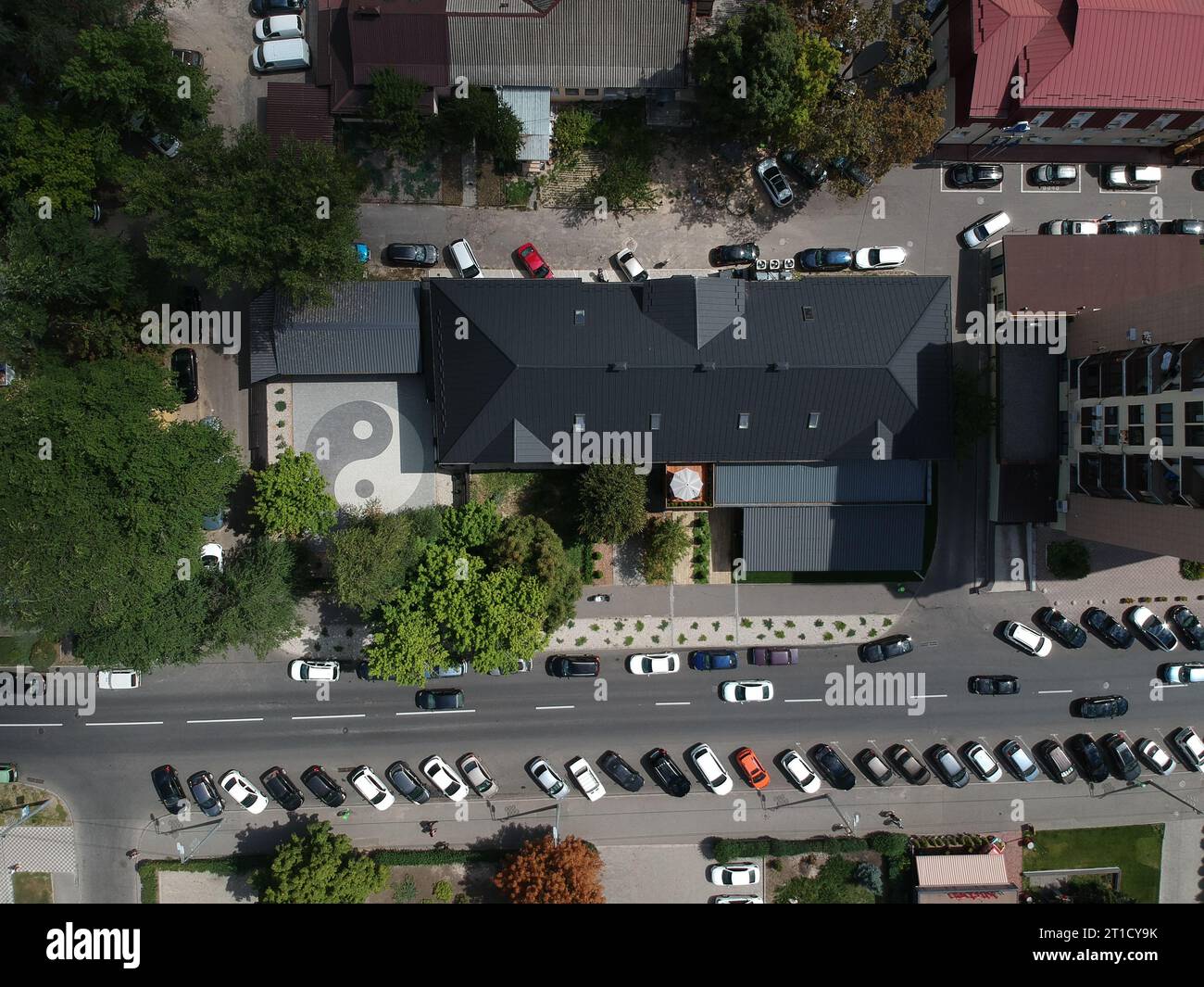 Aerial view of a Yin Yang symbol on a square in the park. Ukraine ...