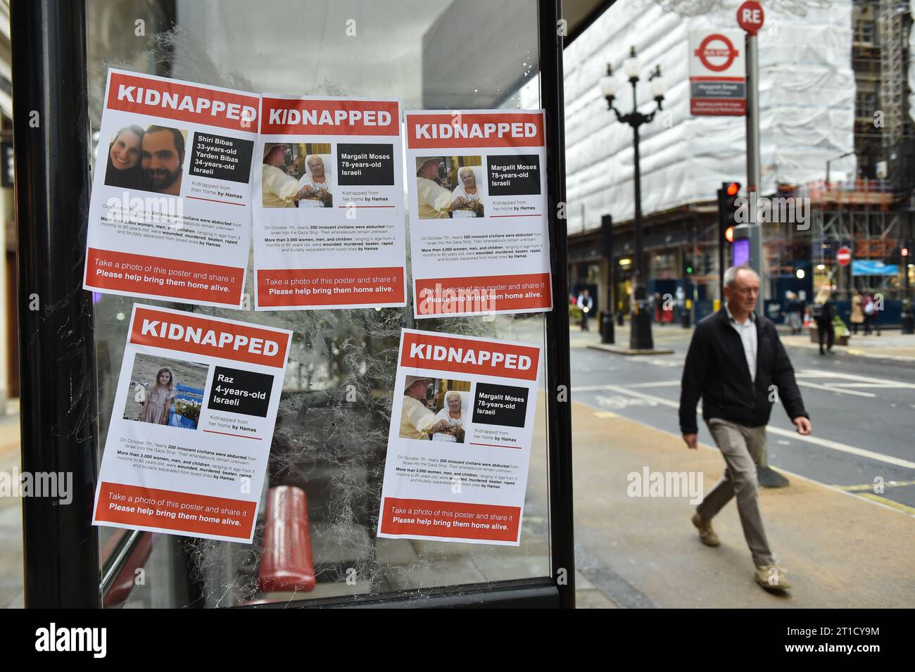 London, England, UK. 13th Oct, 2023. Posters with images of kidnapped ...