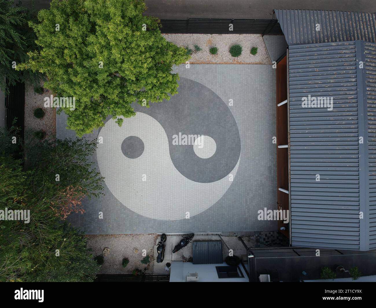 Aerial view of a Yin Yang symbol on a square in the park. Ukraine ...
