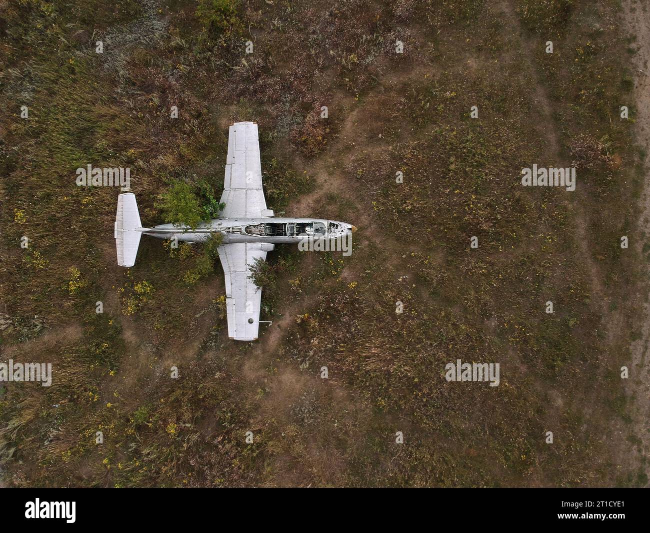 Old abandoned airfield with abandoned planes. Aerial top view Stock ...