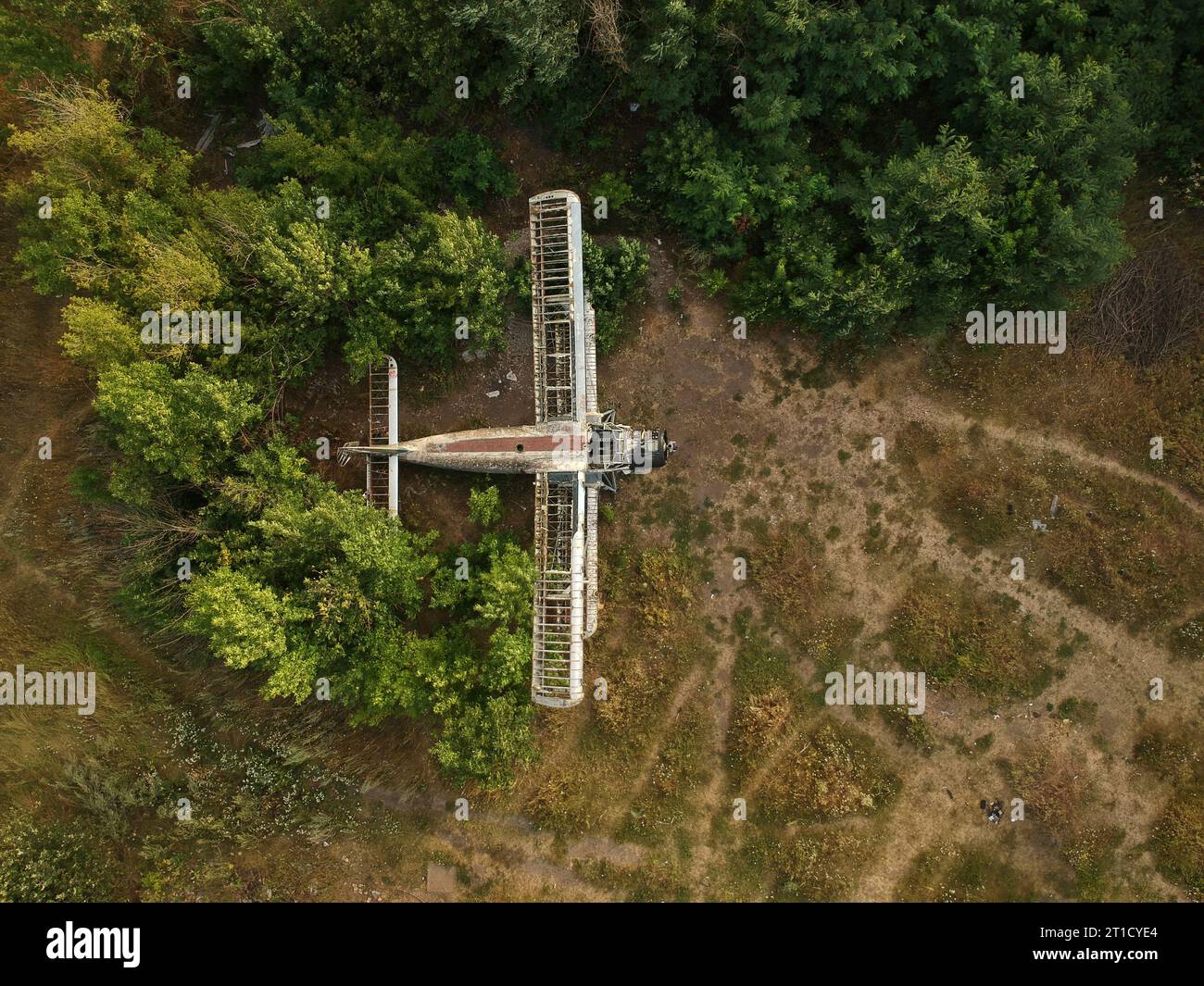 Old abandoned airfield with abandoned planes. Aerial top view Stock ...