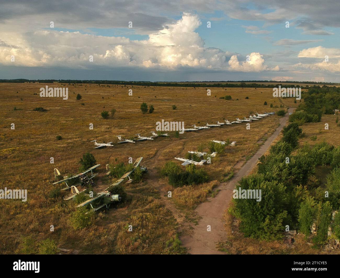 Old abandoned airfield with abandoned planes. Aerial top view Stock ...
