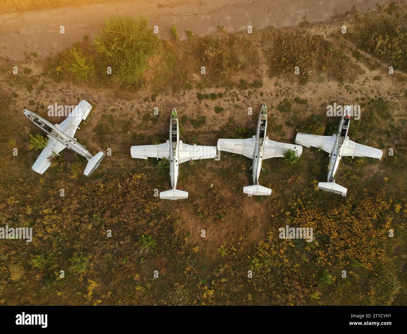 Old abandoned airfield with abandoned planes. Aerial top view Stock ...
