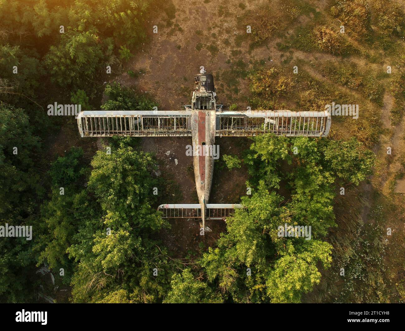 Old abandoned airfield with abandoned planes. Aerial top view Stock ...