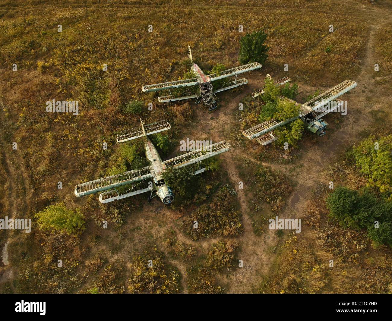 Old abandoned airfield with abandoned planes. Aerial top view Stock ...