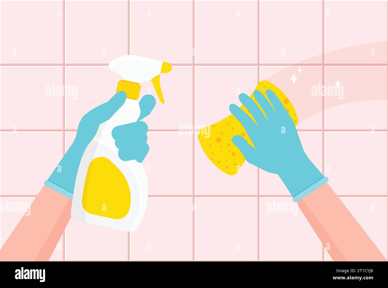 Houseworker wipes the surface. Hands in blue gloves clean tiles with ...