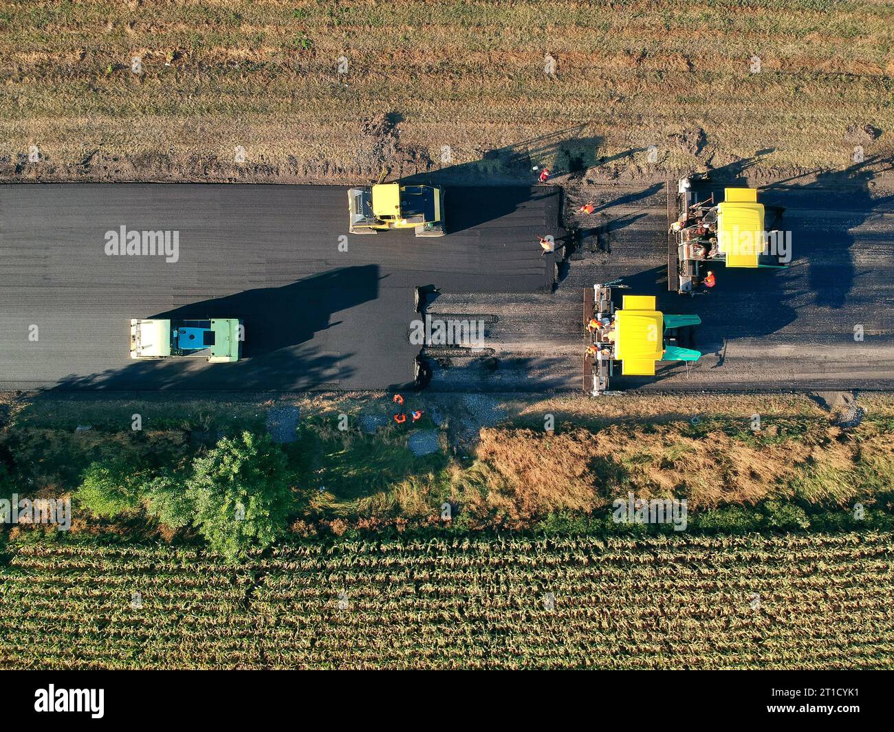 Aerial view on the new asphalt road under construction. Drone ...