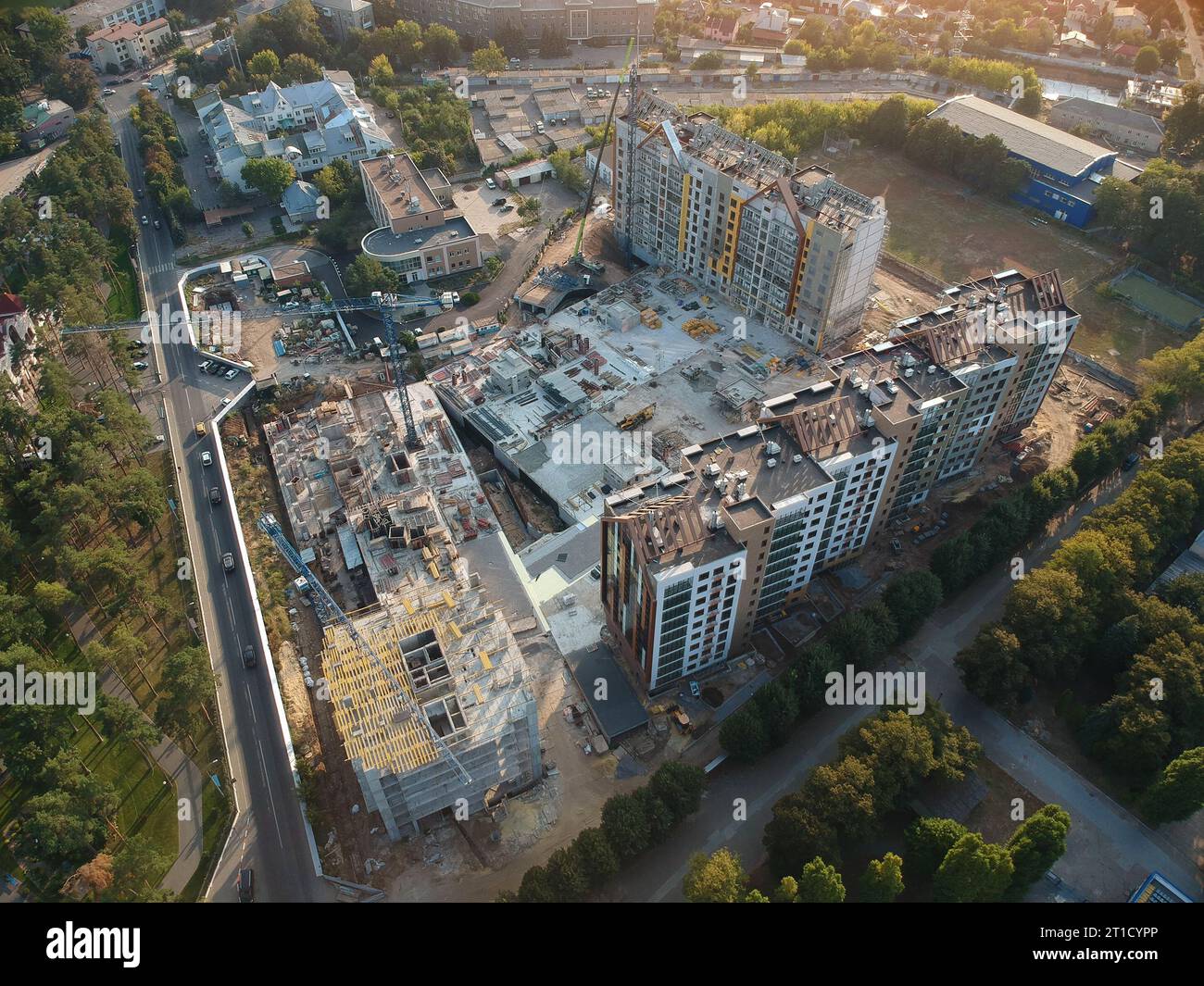 New private housing development construction in the city aerial view ...