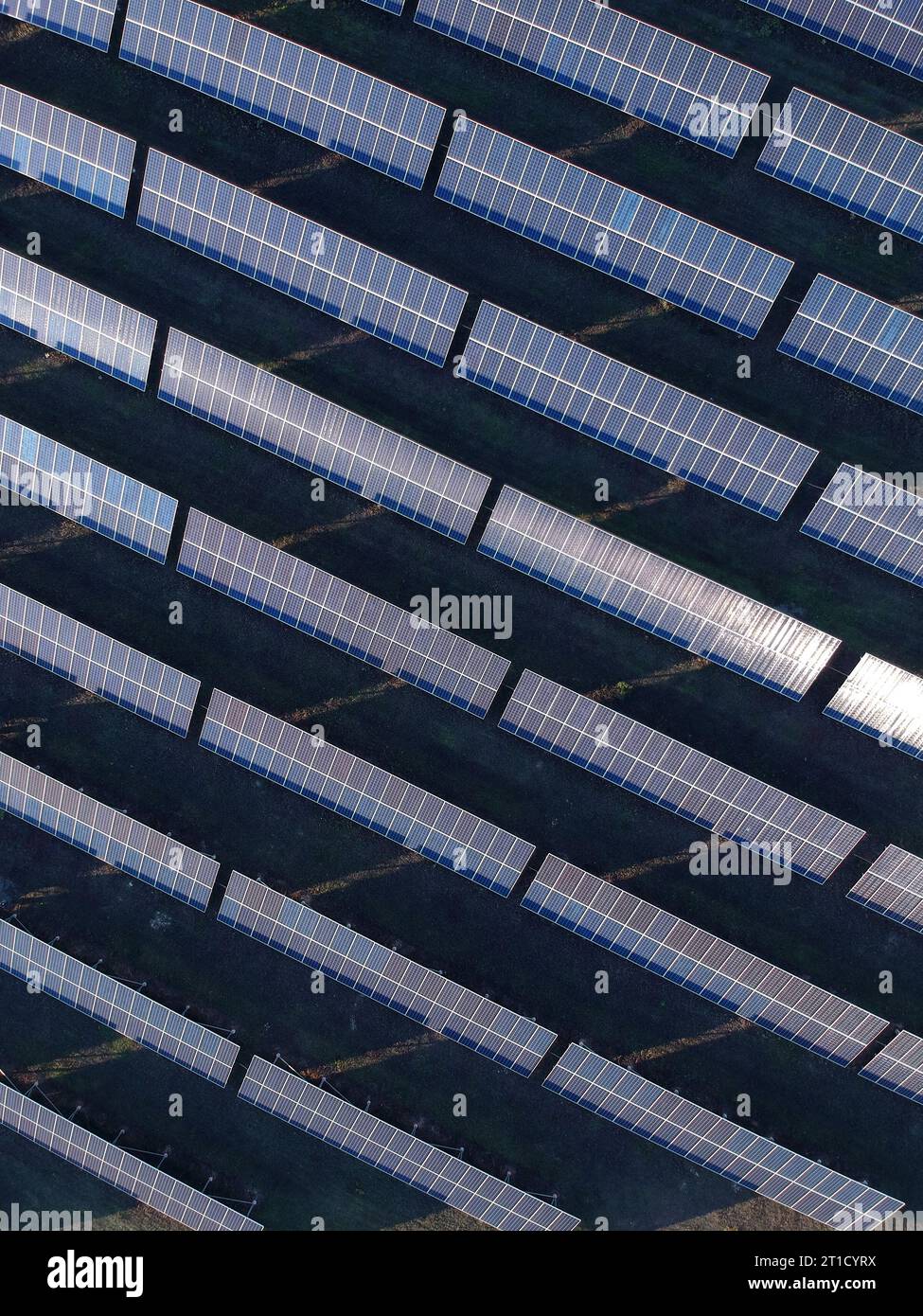 Aerial photo of solar power plant. Many solar energy panels in ...