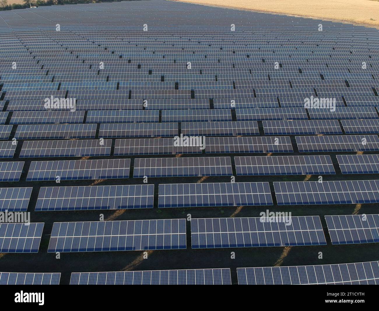 Aerial photo of solar power plant. Many solar energy panels in ...