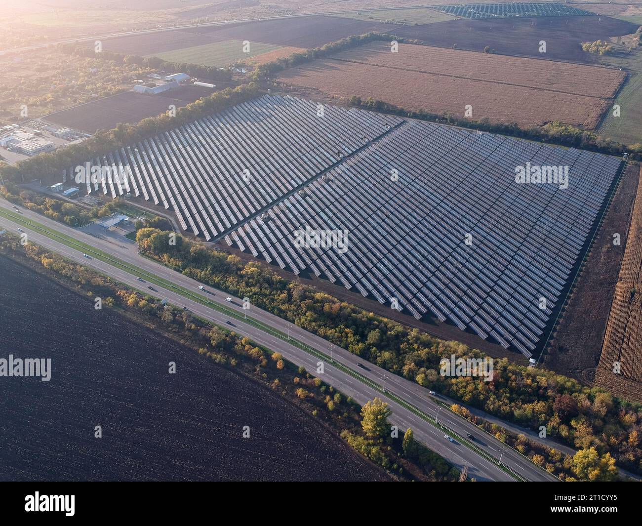 Aerial photo of solar power plant. Many solar energy panels in ...