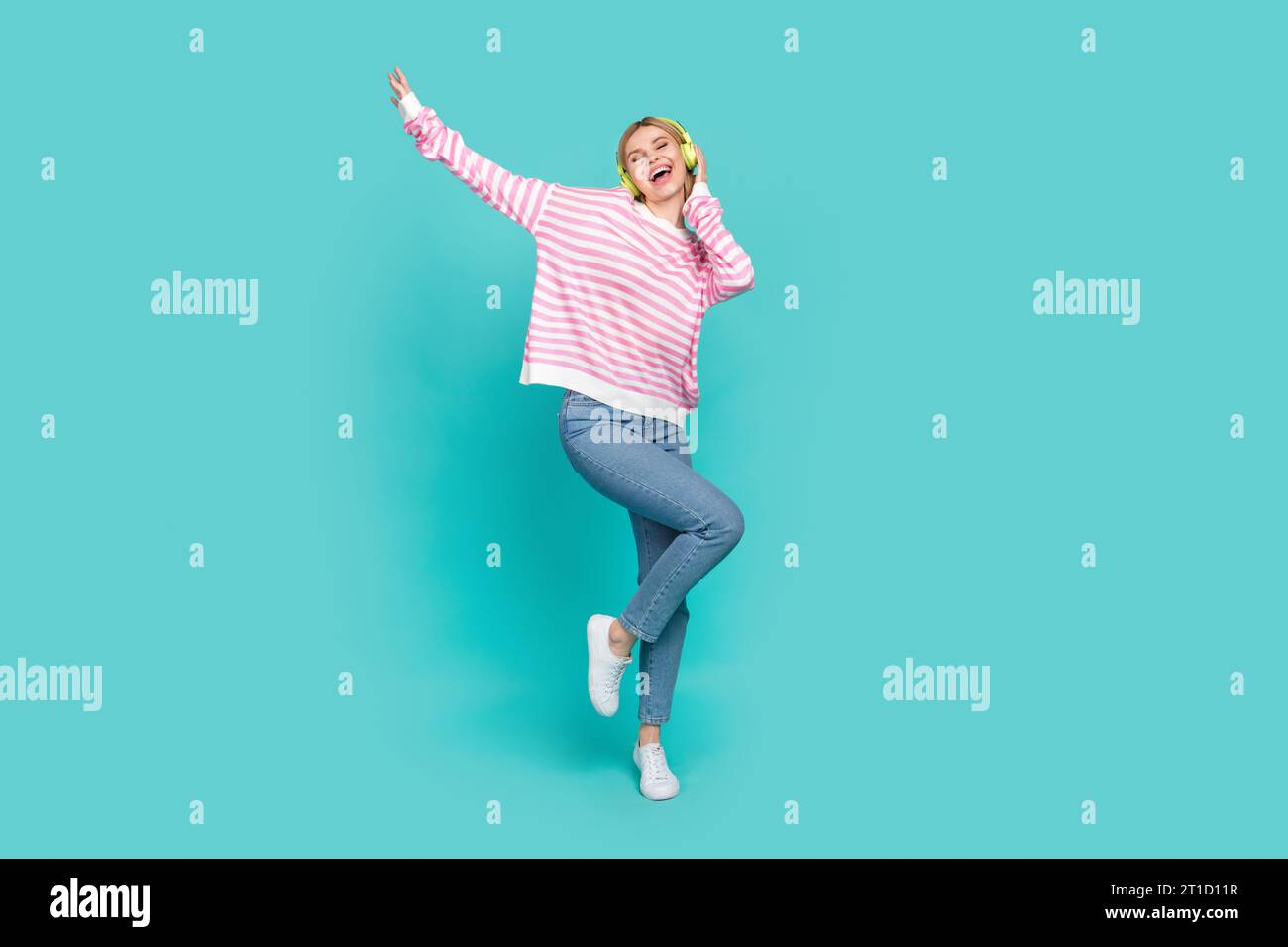 Full body photo of youth dancing woman listen dj music striped pink ...