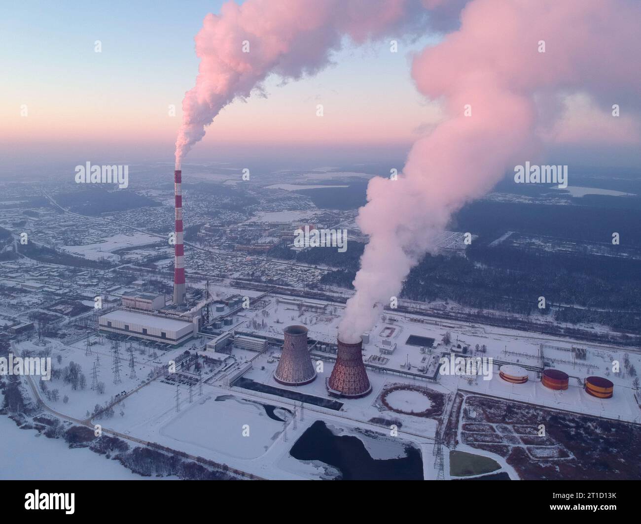 aerial view of smog pollution from big city factory at night. winter ...