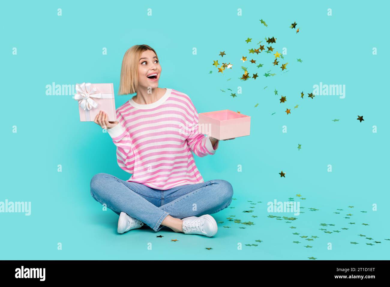 Full body photo of astonished girl celebrate happy birthday confetti ...