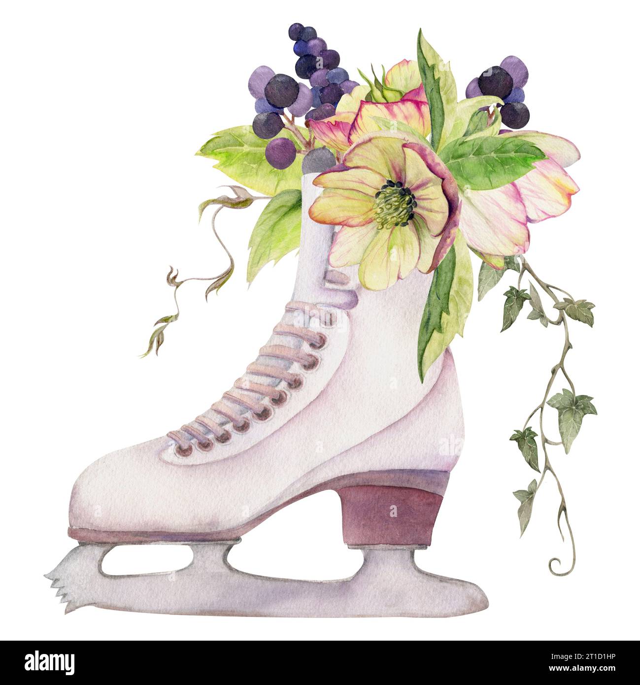 Hand drawn watercolor figure skating boots with flower compositions ...
