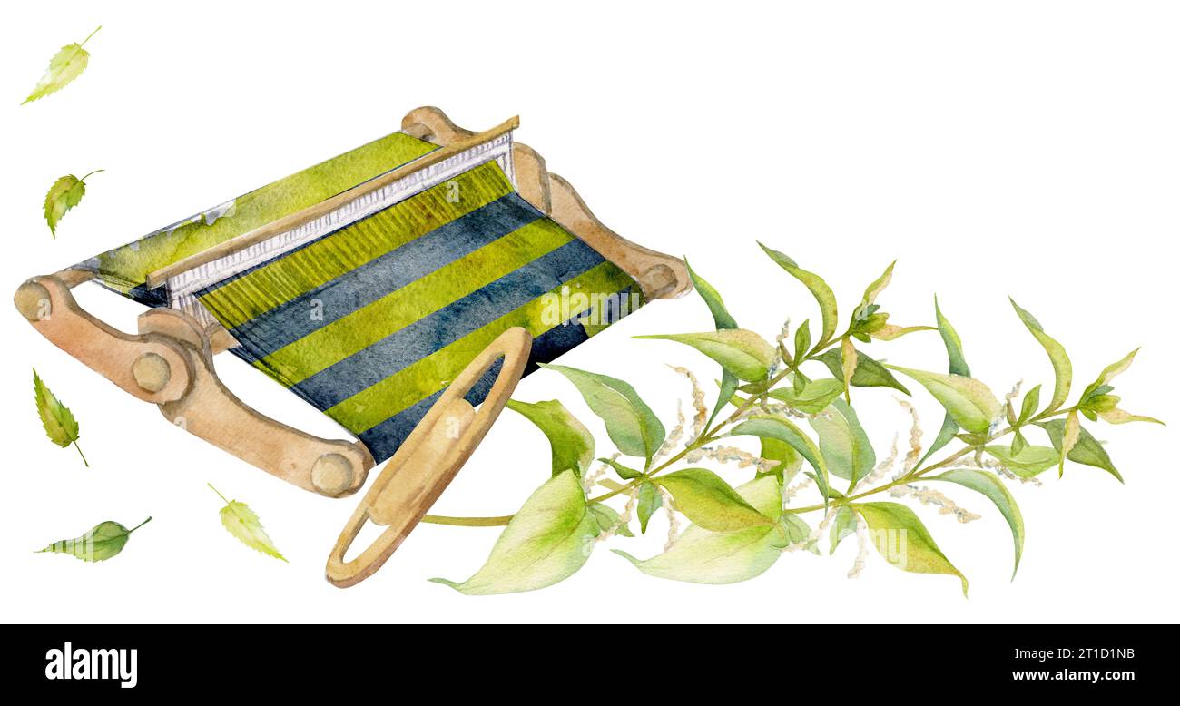 Hand drawn watercolor weave loom, shuttle, nettle stalk leaves, hobby ...