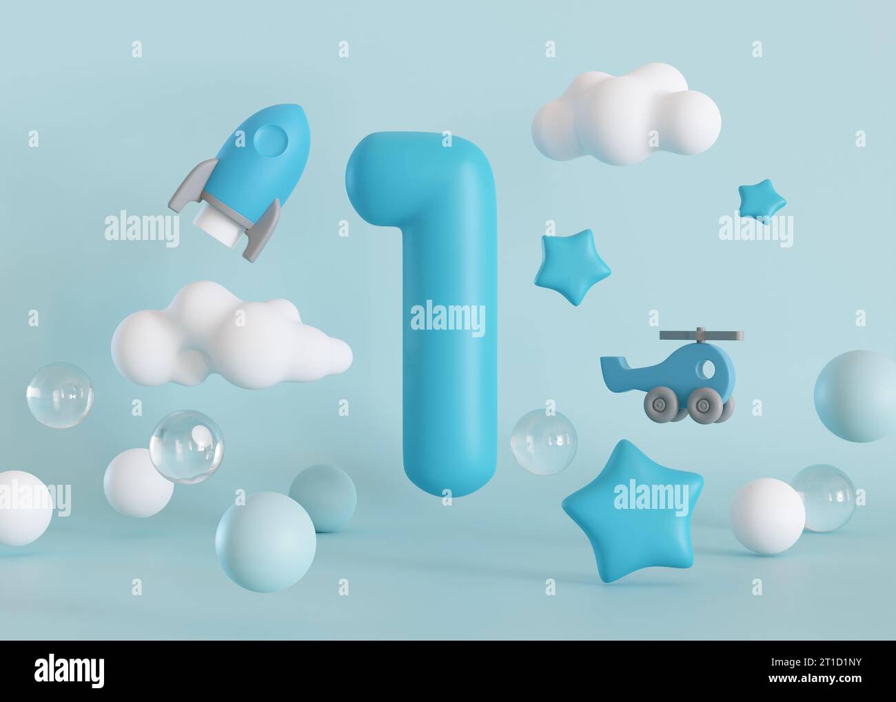 Number one on blue background, with rocket, clouds and stars. 1 Year ...