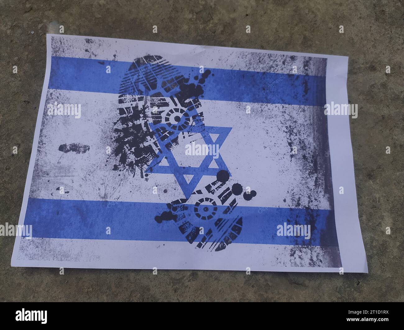 A footprint on Israel flag on road to show solidarity with palestine in ...