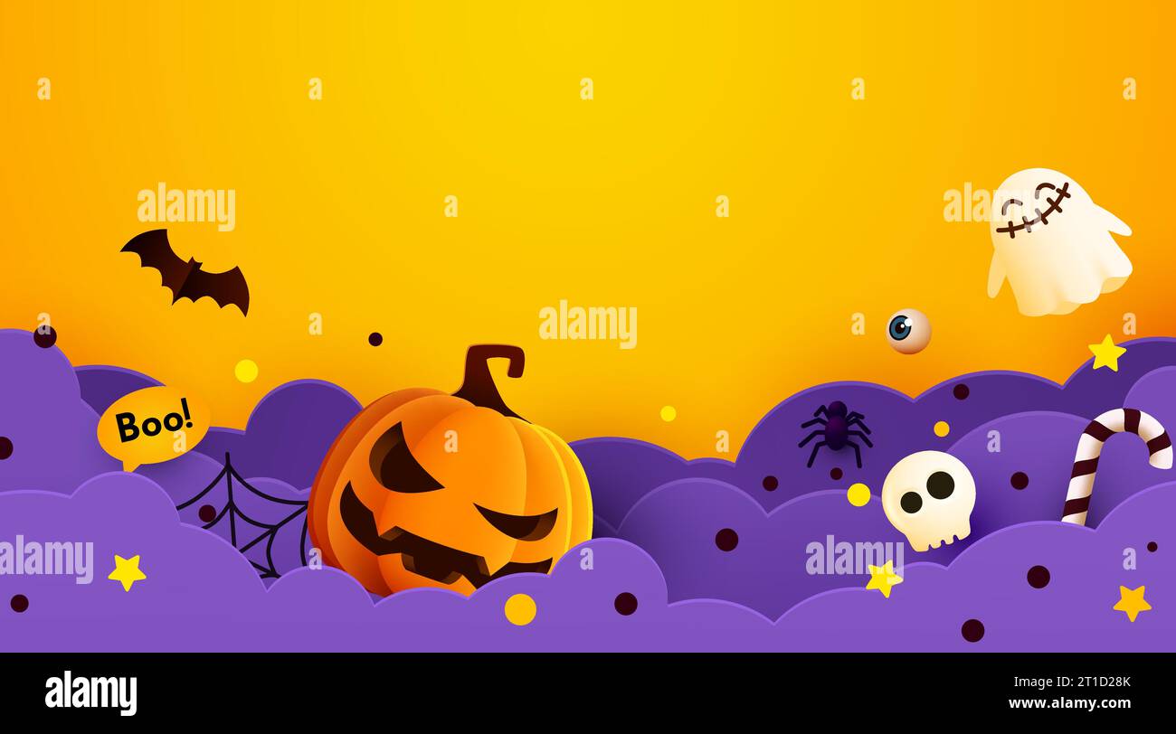 Halloween cartoon background. Cute 3d decorations. Vector illustration ...