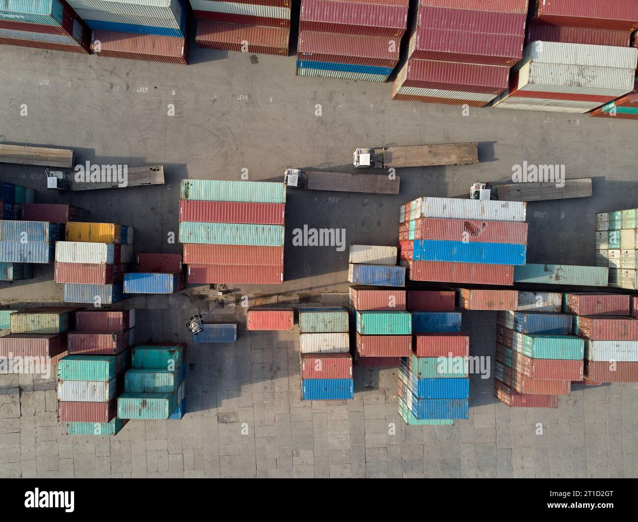 Aerial top view container in port warehouse waiting for export, drone ...