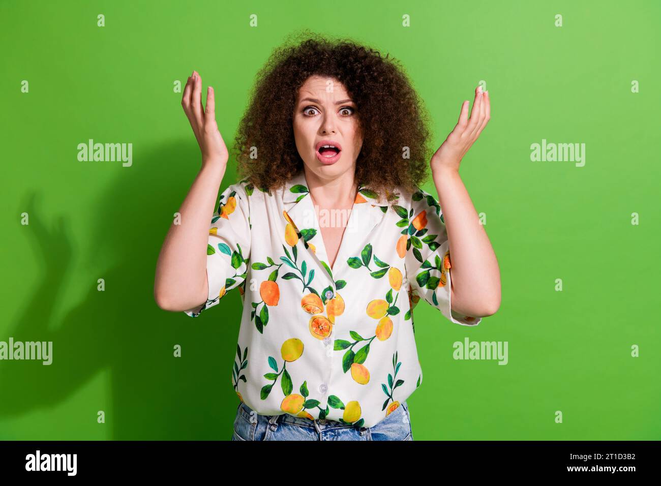 Portrait Of Impressed Dissatisfied Girl Raise Arms Open Mouth Dont