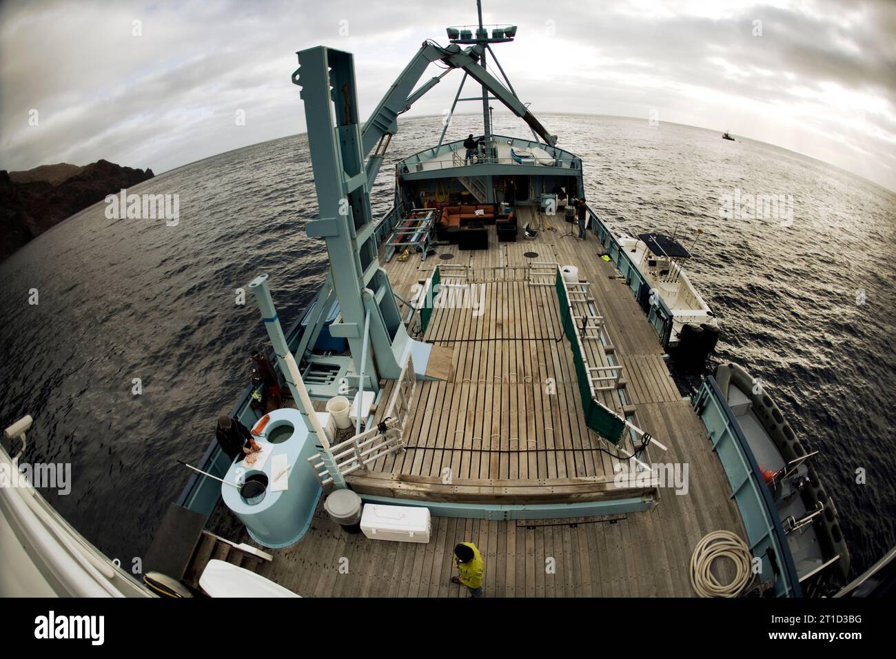 A fisheye view of the Expedition Great White boat deck and white shark ...