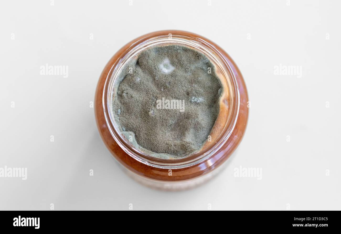 Open jar with sweet jam and mold on a white background Stock Photo - Alamy