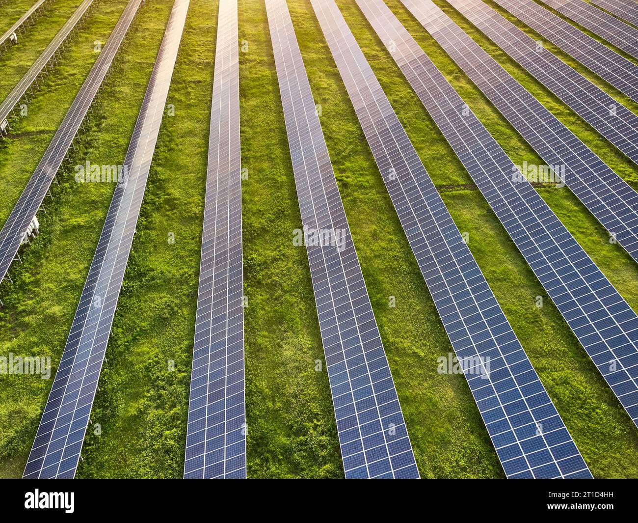 Aerial view of solar power plant in green meadow at sunny day Stock ...