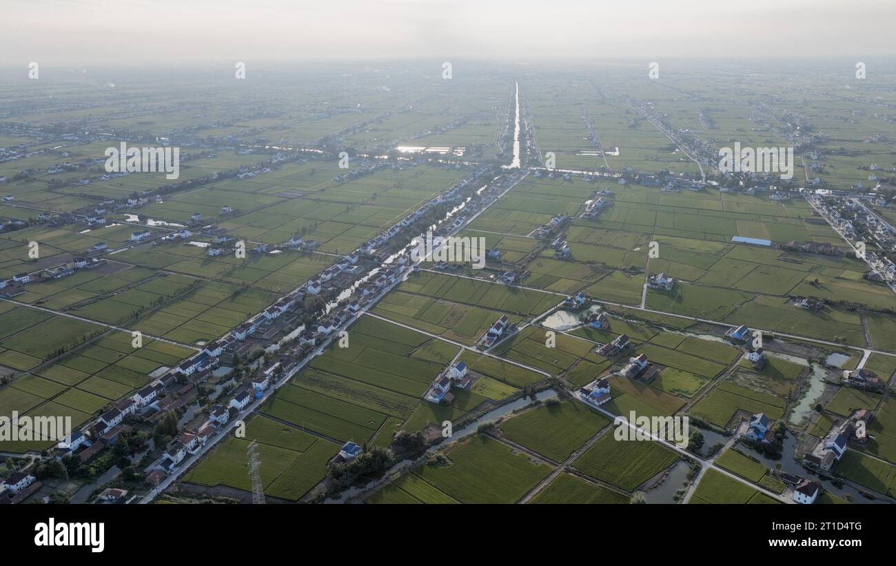 Aerial photo shows the large paddy fields in Fengli Town, Rudong County ...