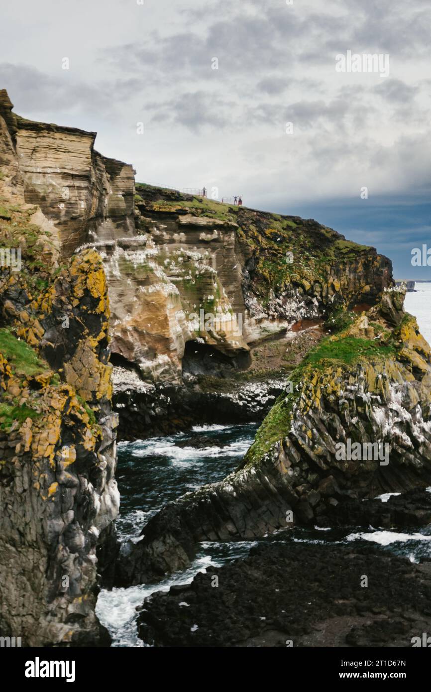 People on cliffs above the ocean with green hills and beach Stock Photo ...