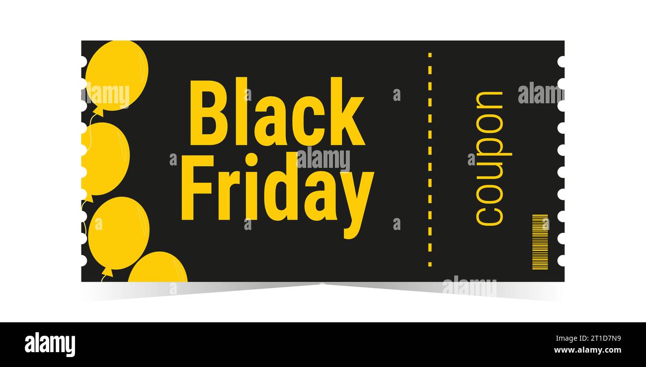 Black Friday sale ticket coupon template layout. Yellow balloons. Black ...