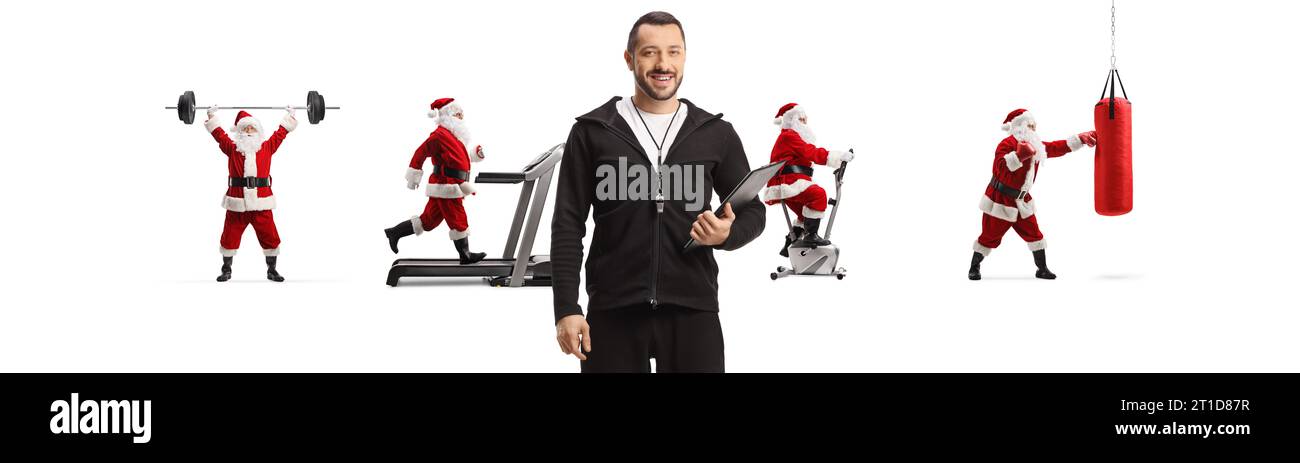 Fitness coach and Santa clauses exercising with sport equipment ...