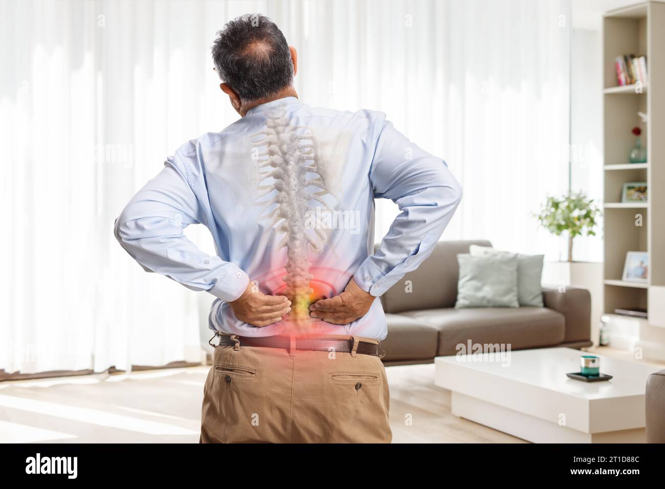 Man with osteoarthritis suffering from back pain, spine bones with red ...