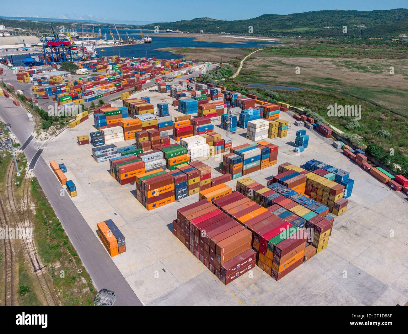 Varna, Bulgaria - 25 may 2022. Aerial top view of Container terminal ...