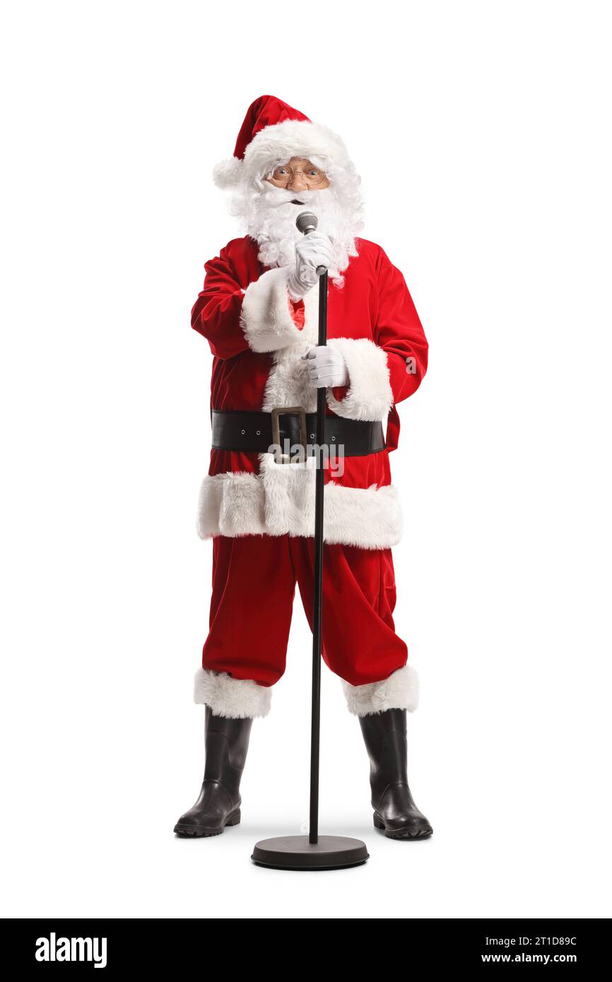 Santa claus with a microphone singing isolated on white background ...