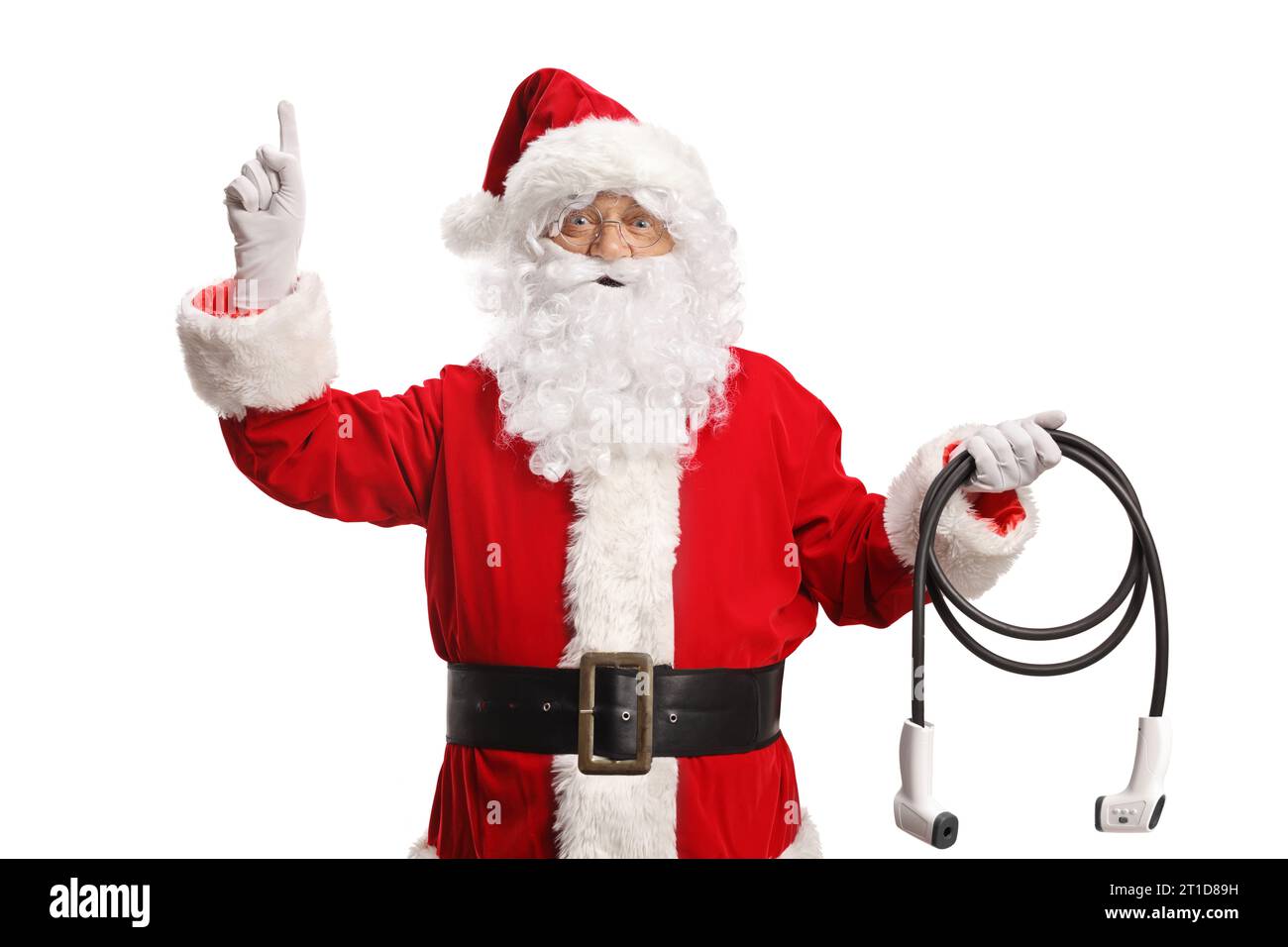 Santa claus holding electric vehicle charger and pointing up isolated ...